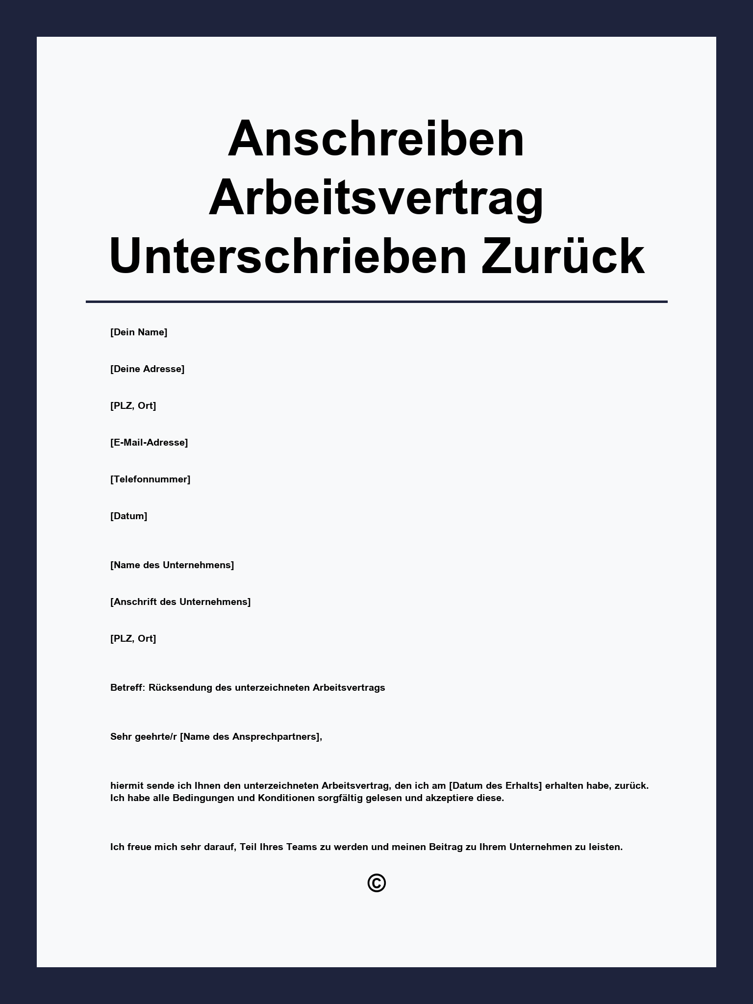 Anschreiben Arbeitsvertrag Unterschrieben Zurück